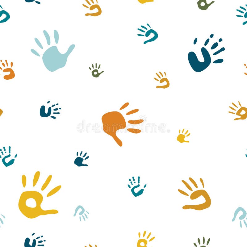 Vector Flat Hand Drawn Seamless Pattern with Hand Print, Palm Stamp ...