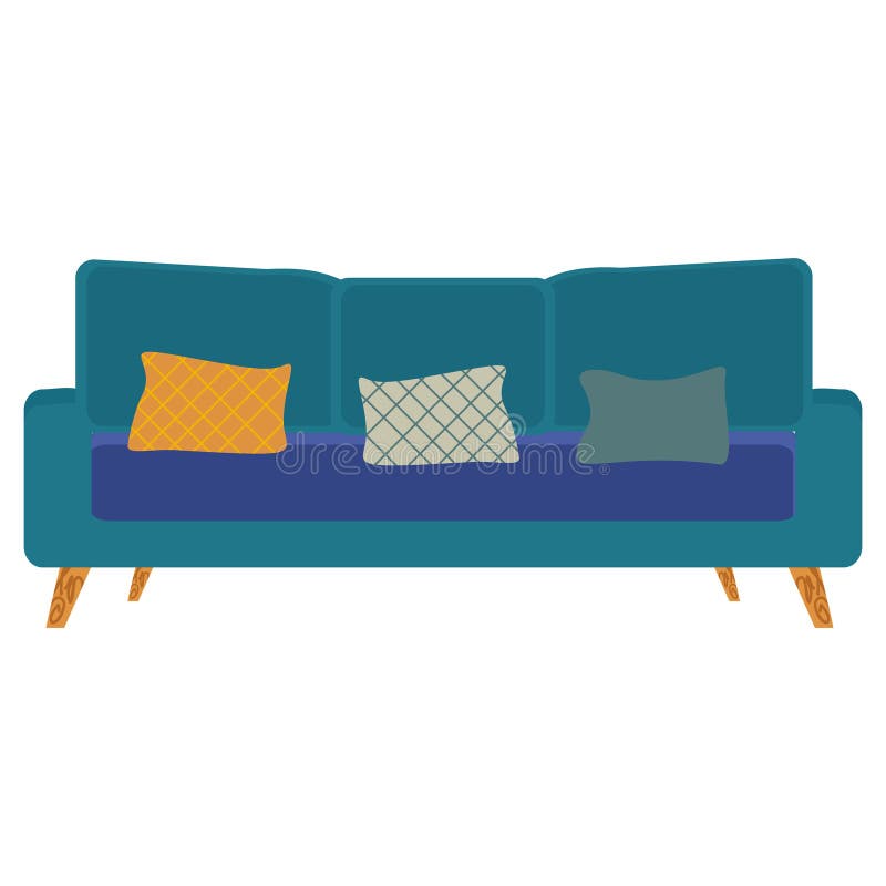 Vector Flat Illustration. Blue Sofa with Colorful Pillows Stock Vector ...