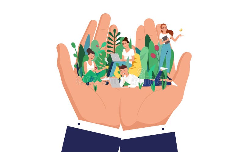 People work in big hands. stock vector. Illustration of hand - 167189450