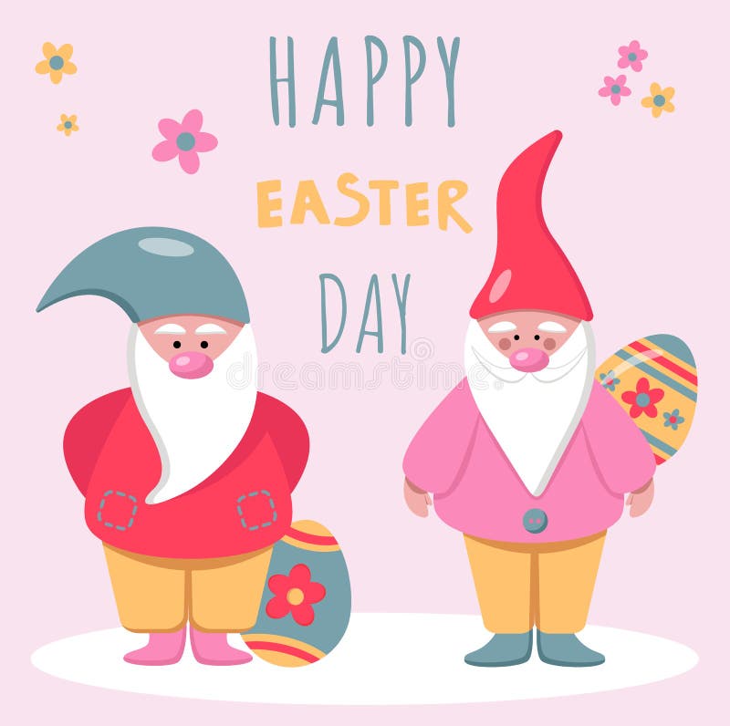 Vector Flat Illustration for Easter. Cute Easter Gnomes and Eggs on ...