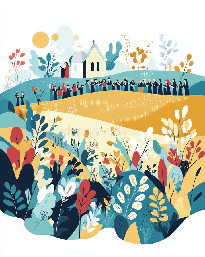 Vector Flat Illustration of Easter Morning Service with Choir Stock ...