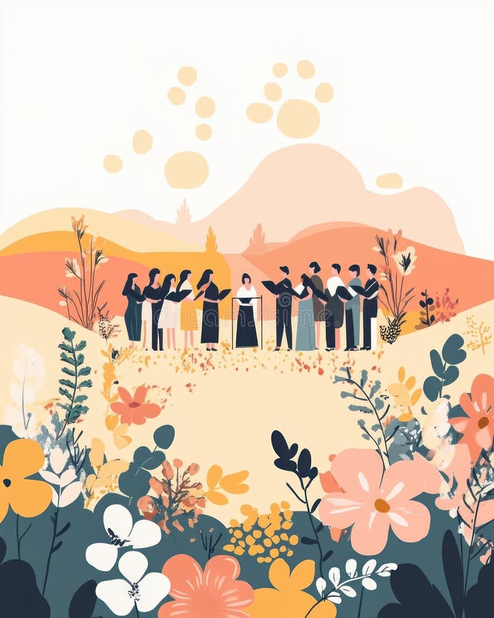 Vector Flat Illustration of Easter Morning Service with Choir Stock ...