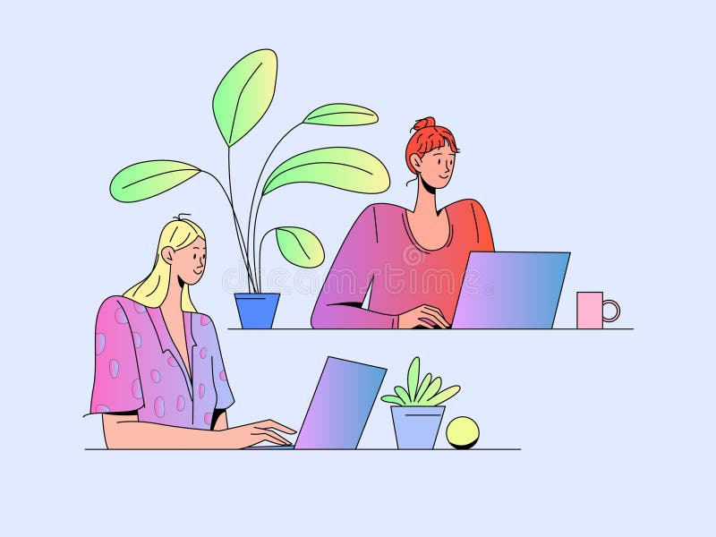Vector Flat Illustration Of Female Programmers Working In The Office Stock Vector Illustration