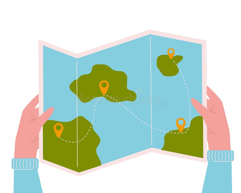Vector Flat Illustration of Folded Paper Map in Human Hands. Starting ...