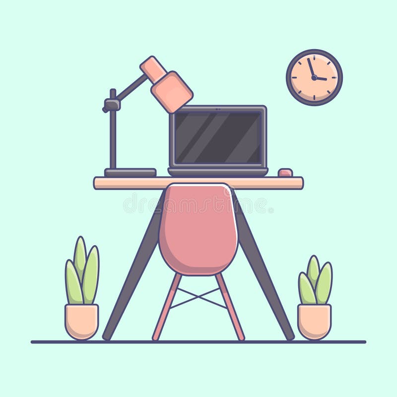 Vector Flat Illustration of Home Interior with Work Table, Computer ...