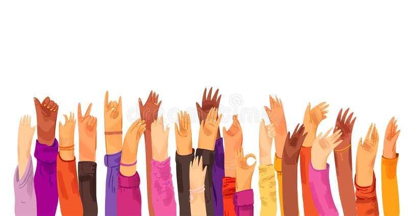 Vector Flat Illustration of Raised Up Human Hands, Multiracial. Concept ...