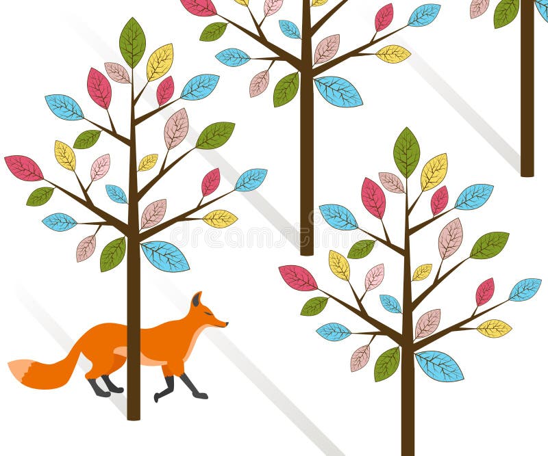 Vector Flat Illustration of a Red Fox that Walks in the Woods among the ...