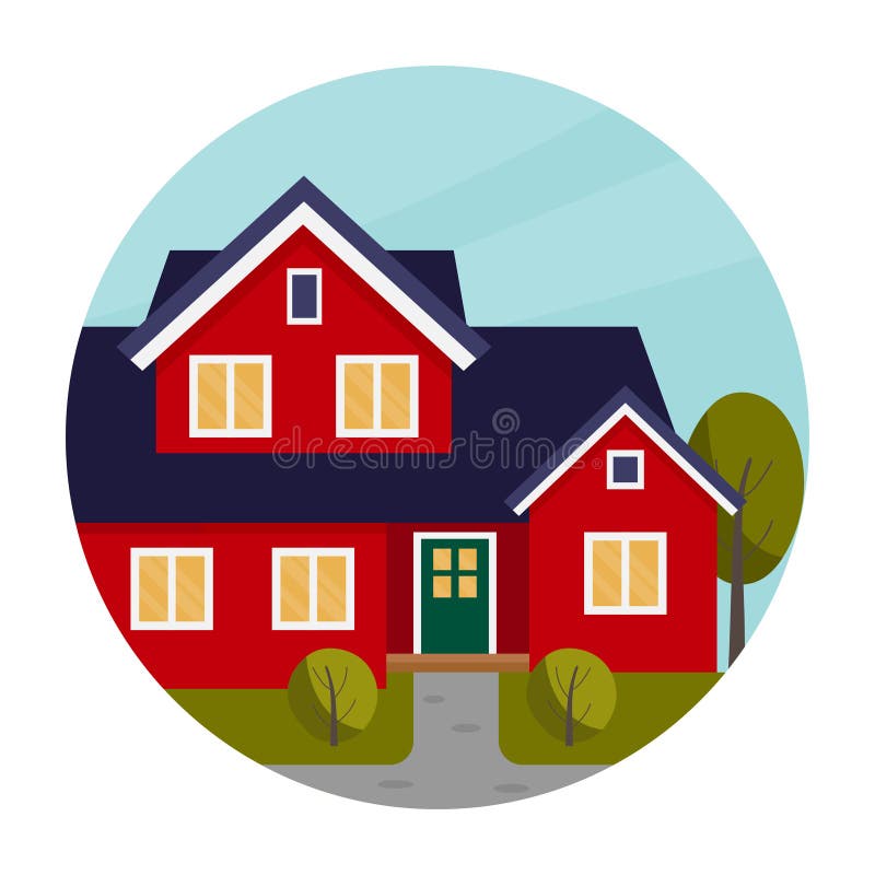 Vector Flat Illustration with Red House. Two Story House. Circle Logo ...