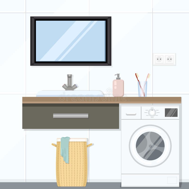 Vector Flat Illustration - Sink, Mirror and Washing Machine in Bathroom ...