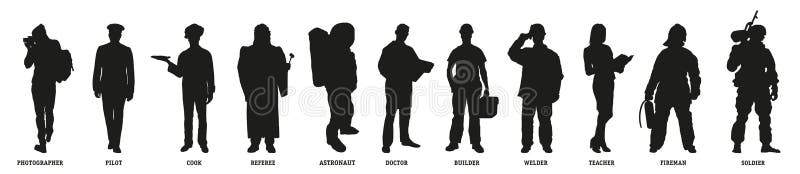 Silhouettes of Various Professions in Black Stock Vector - Illustration ...