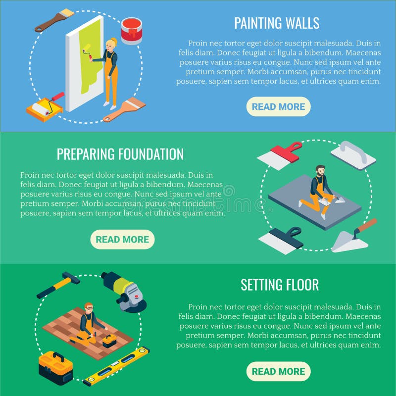 Vector Flat Isometric Renovation Banner Set Stock Vector - Illustration ...