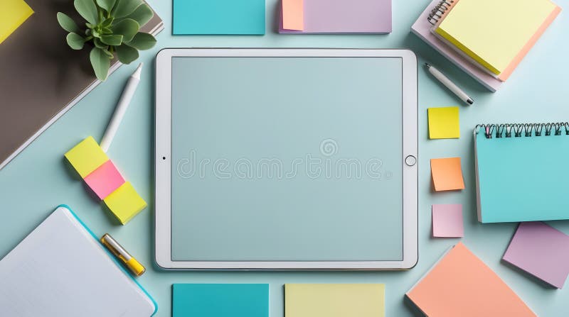 Vector Flat Lay with Tablet, Stylus, and Abstract Notes for ...