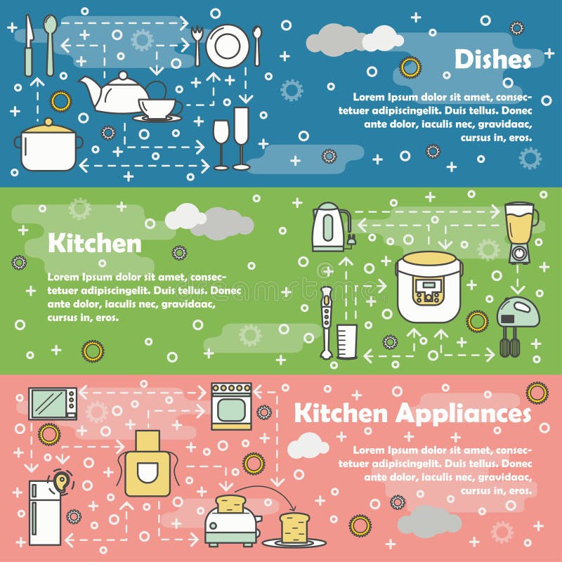 Vector Flat Line Art Kitchen Banner Set Stock Vector - Illustration of ...
