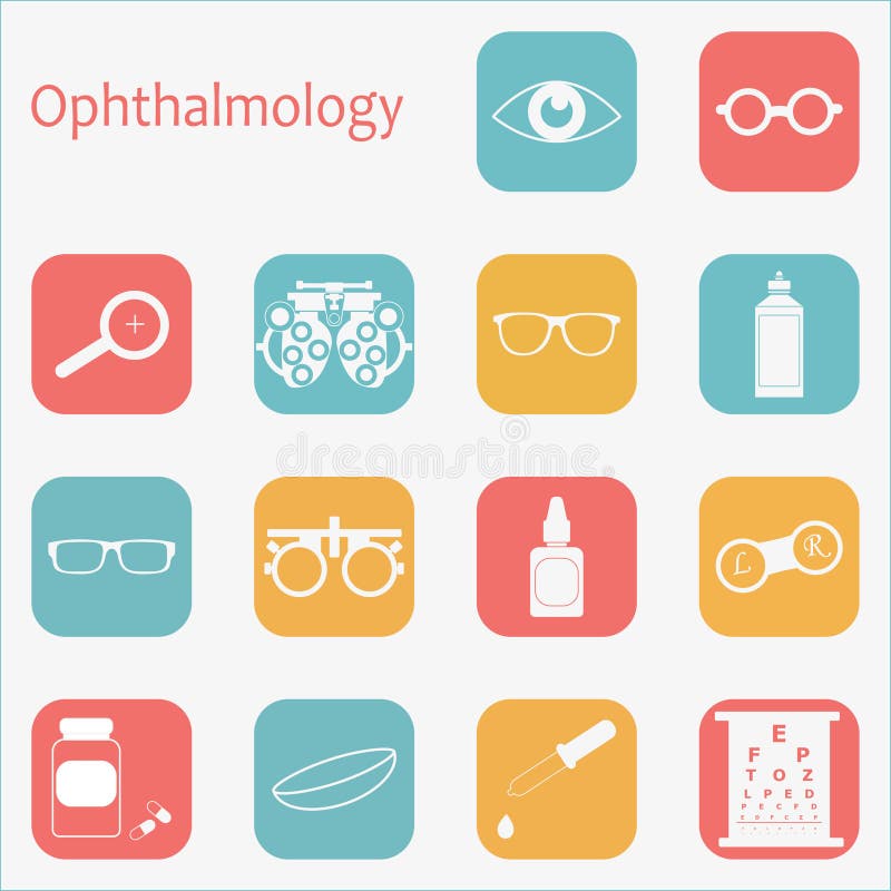 Vector Flat Optometry Icon Set with Long Shadow. Optician ...