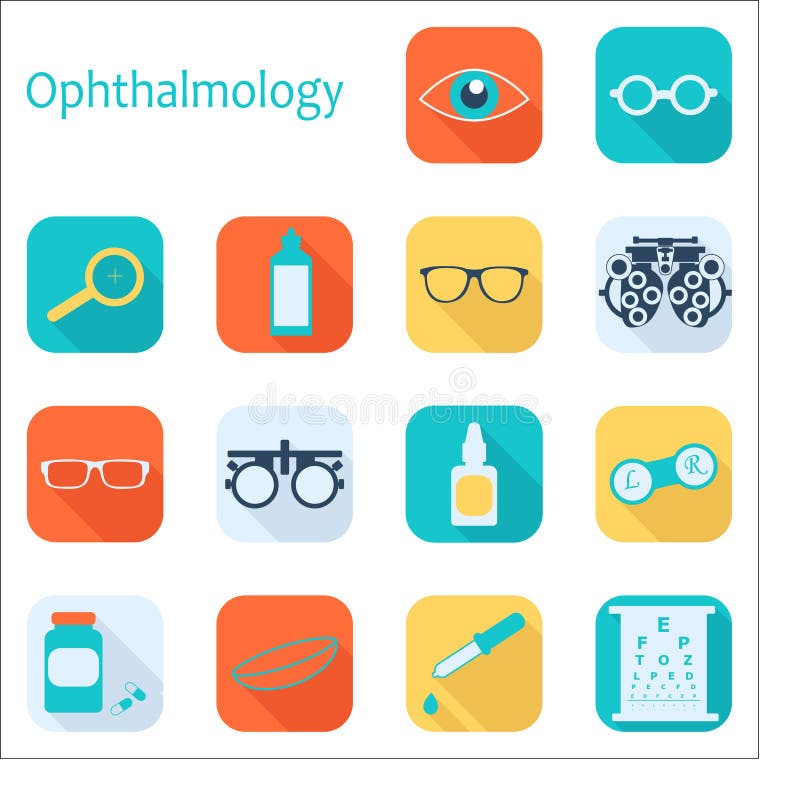 Vector Flat Optometry Icon Set with Long Shadow. Optician ...