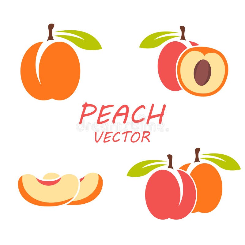 Peach Icons Set with Leaves. Nature Colorful Fruit Symbols of Yellow ...