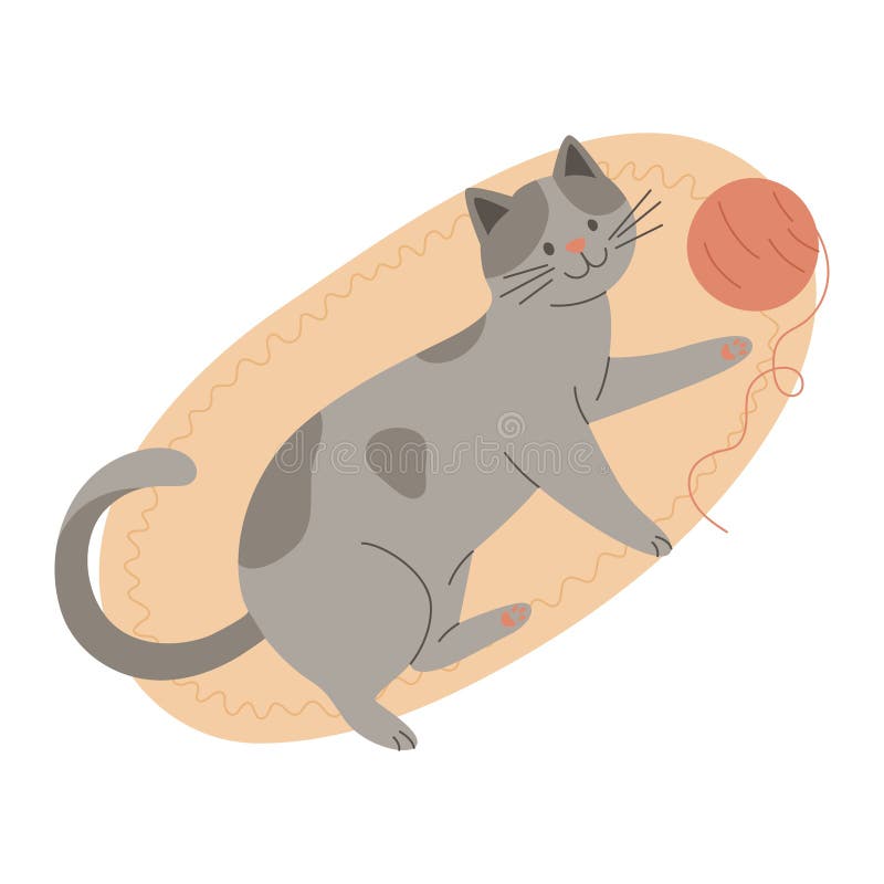 Vector Flat Playing Gray Tabby Cat with a Ball of Thread. Cartoon Cat ...