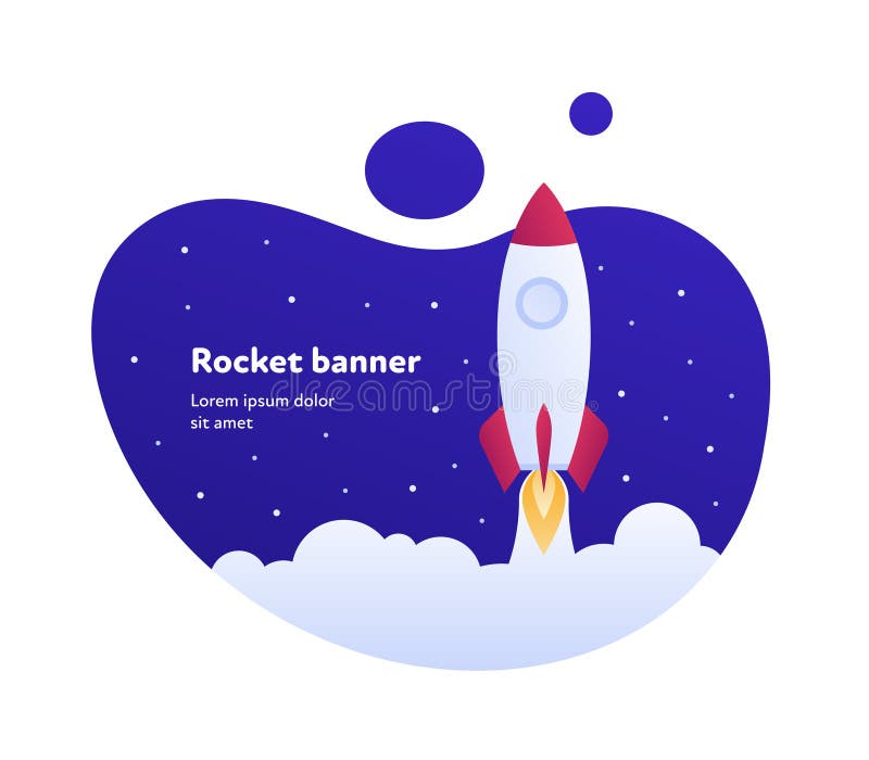 Vector Flat Rocket Banner Template Illustration. Flying Spaceship in ...