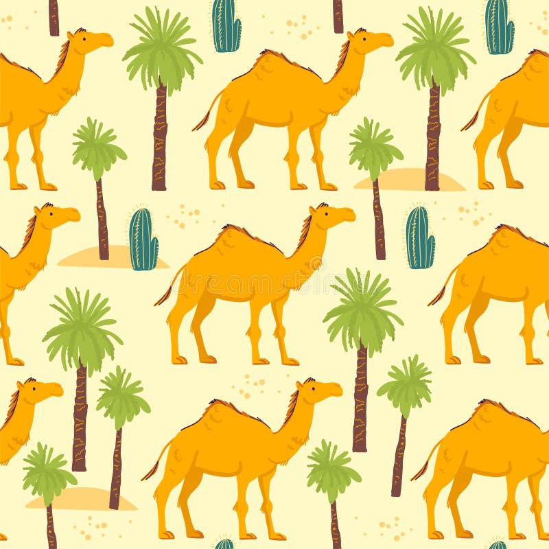 Vector Flat Seamless Pattern With Hand Drawn Desert Camel Animals ...