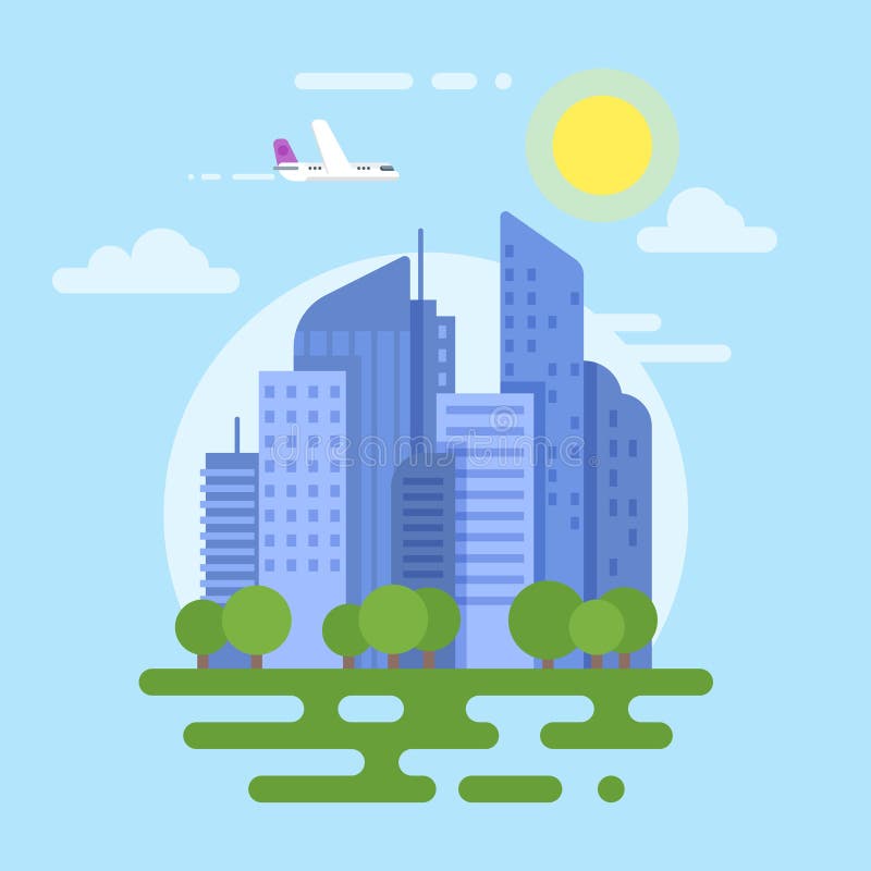 Vector Flat Style Illustration of Modern City. Plane and Buildings ...