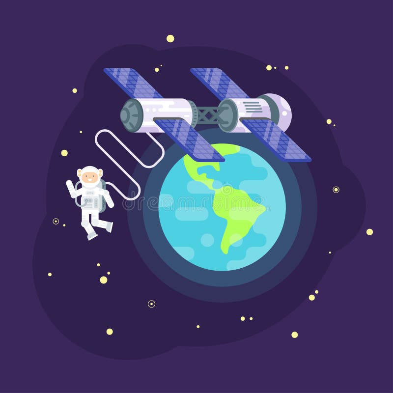 Vector Flat Style Illustration of Space Station and Astronaut Stock ...