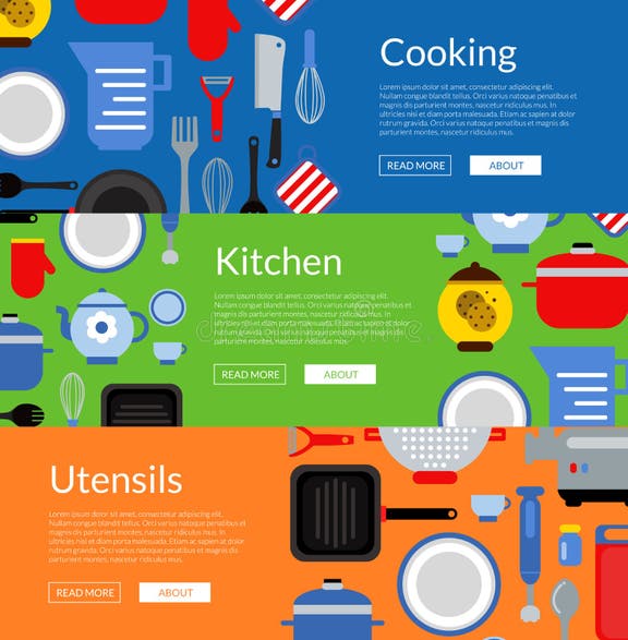 Vector Flat Style Kitchen Utensils Horizontal Web Banners Illustration ...