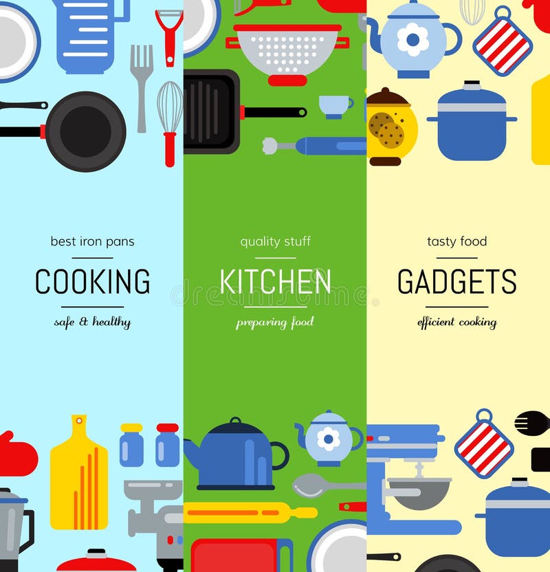 Vector Flat Style Kitchen Utensils Vertical Web Banners Illustration ...