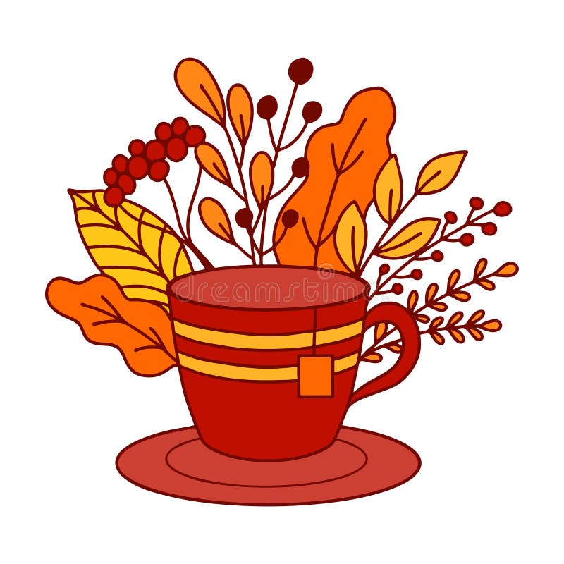 Vector Flat Style Print with Cup of Tea and Autumn Leaves. Autumn ...