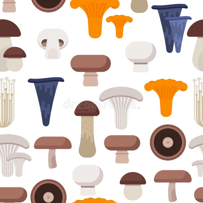 Vector Flat Style Seamless Pattern with Various Eatable Mushrooms Stock ...