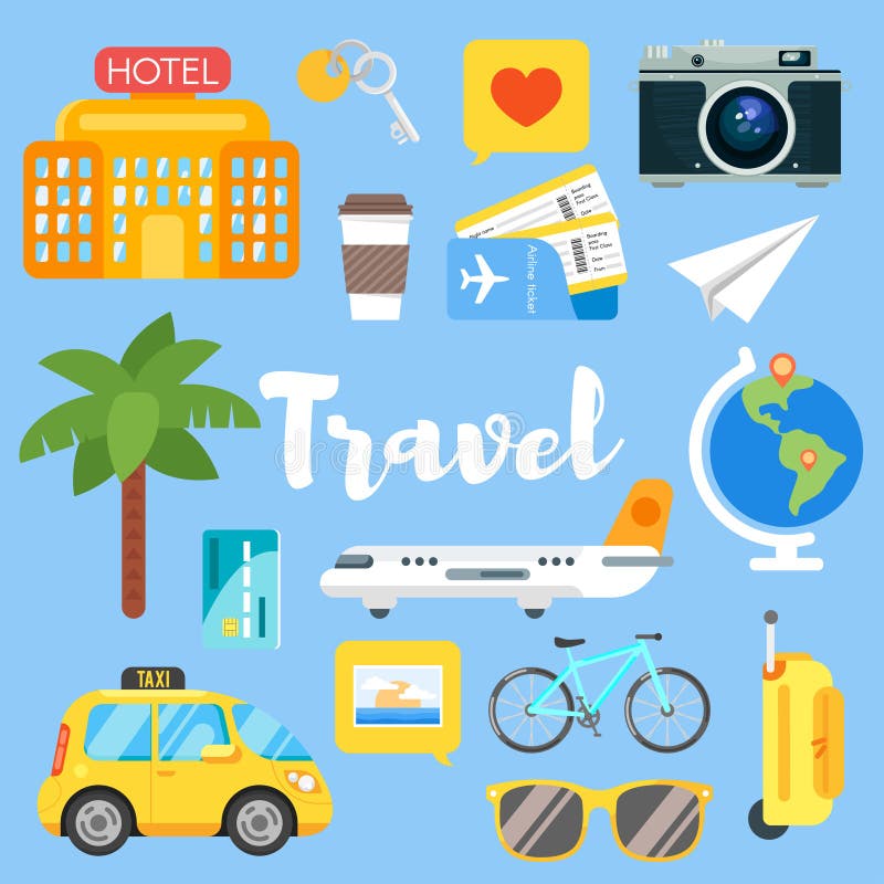 Vector Flat Style Set of Travel Objects. Stock Vector - Illustration of ...