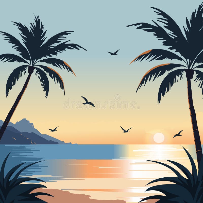 Vector Flat Summer Landscape with Sea Sunset Stock Vector ...