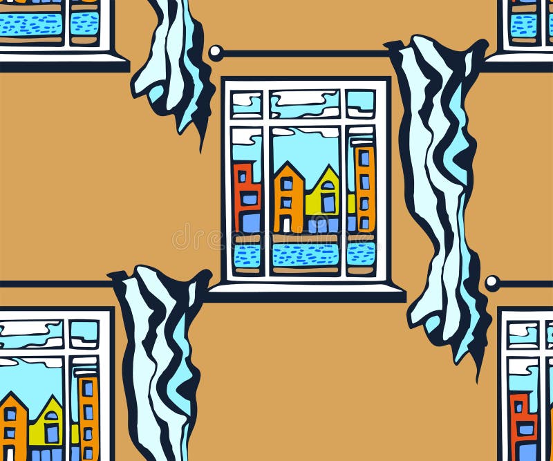 Vector Flat Windows with Landscape. Hand Drawn Ink Illustration. Modern ...