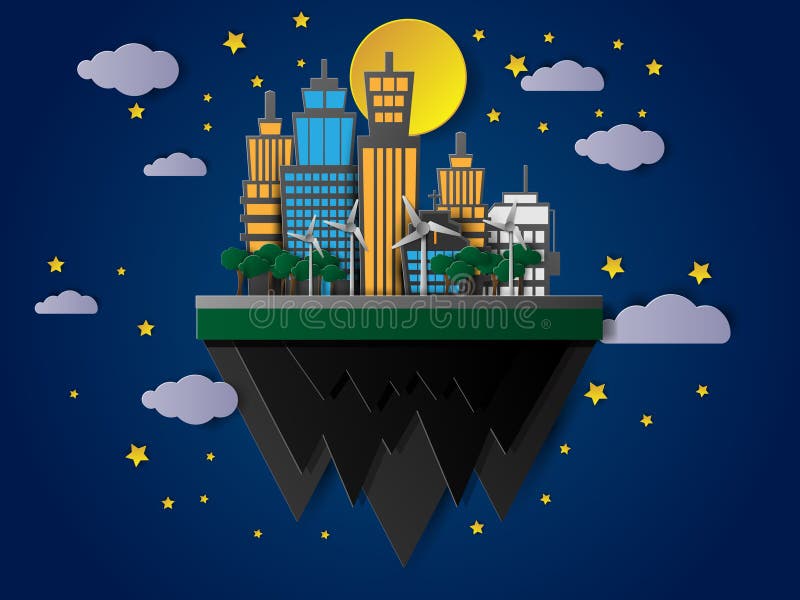 Vector Floating Buildings at Night with the Moon and Stars Stock Vector ...