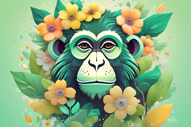 Vector Floral Background with Monkey and Flowers. Stock Illustration ...