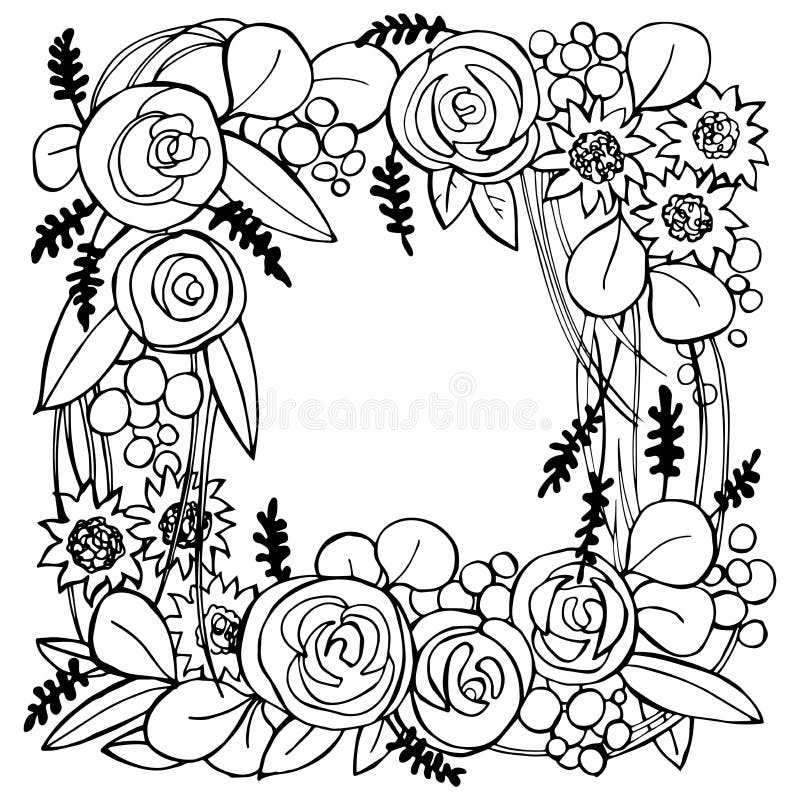 Vector Floral Frame with Hand Drawn Flowers Stock Vector - Illustration ...