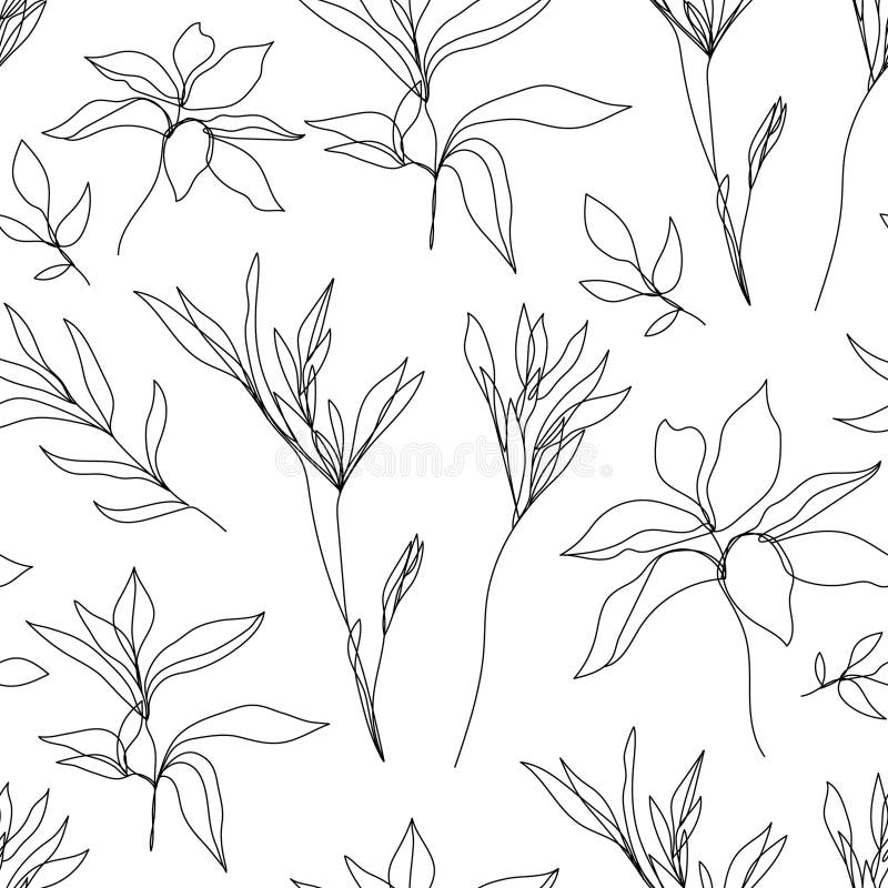 Vector Floral Linear Seamless Background, Plants and Leaves. One ...