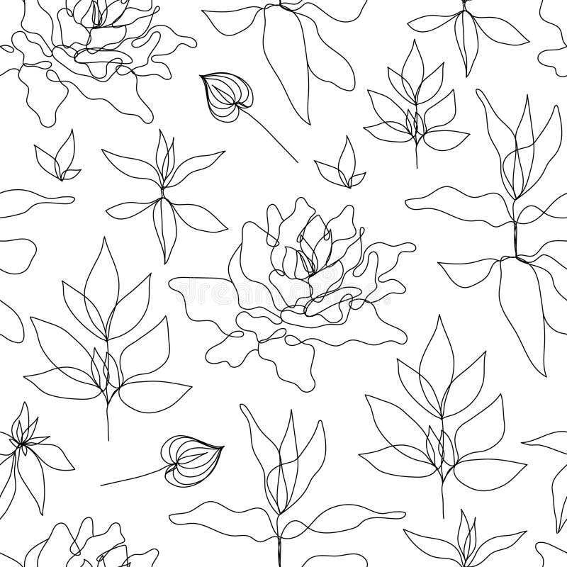 Vector Floral Linear Seamless Background, Plants and Leaves. One ...