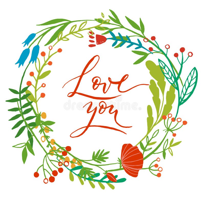 Vector Floral Round Frame with Love You Calligraphy. Stock Vector ...