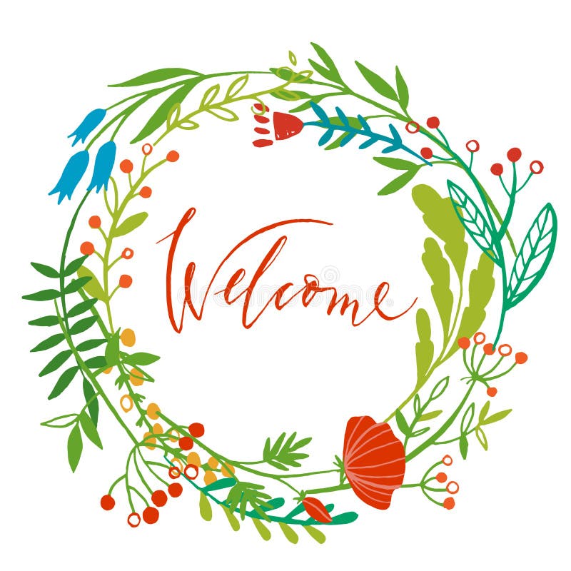 Vector Floral Round Frame with Welcome Calligraphy. Stock Vector ...