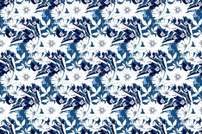Vector Floral Seamless Pattern in Blue and White Colors. Stock Vector ...