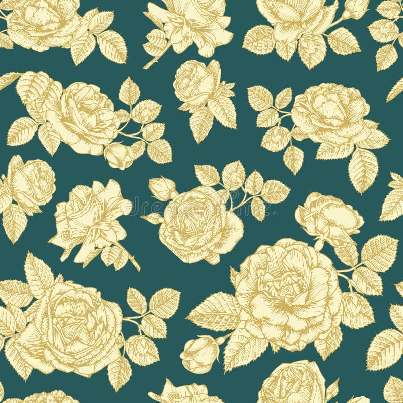 Vector Floral Seamless Pattern with Hand Drawn Gold Roses Stock Vector ...