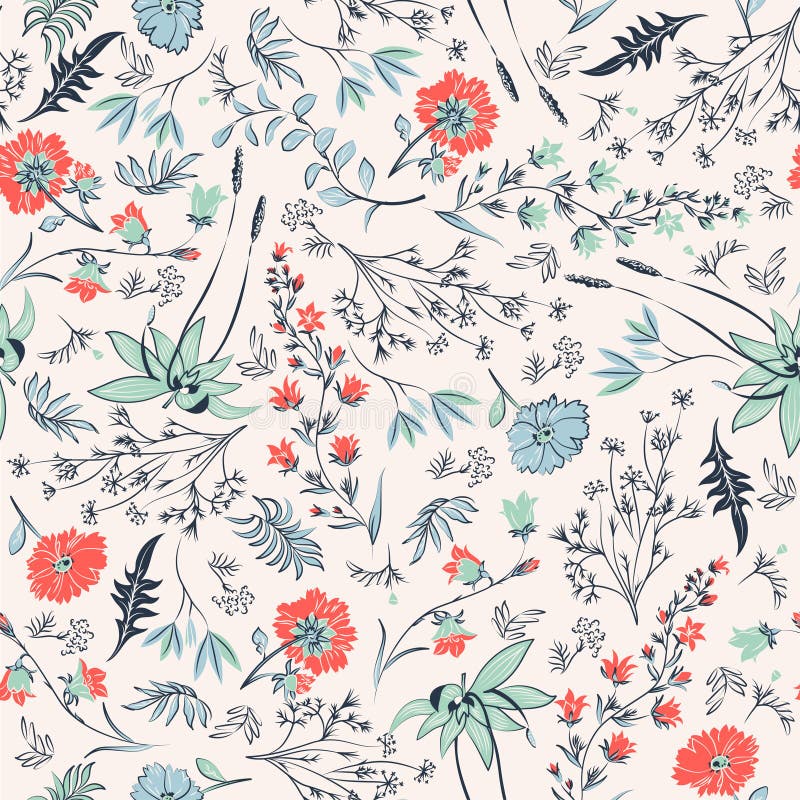 062_Vector Floral Seamless Pattern with Large Red Flowers and Blue ...