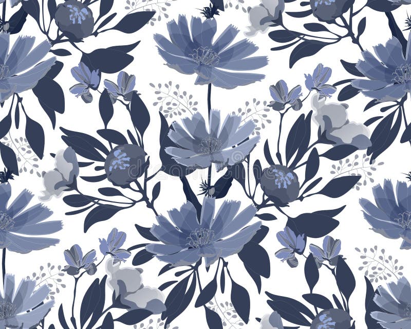 Vector Floral Seamless Pattern. Navy Blue Flowers Isolated on a White ...