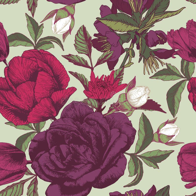 Vector Floral Seamless Pattern with Violet Roses, Purple Tulips and ...