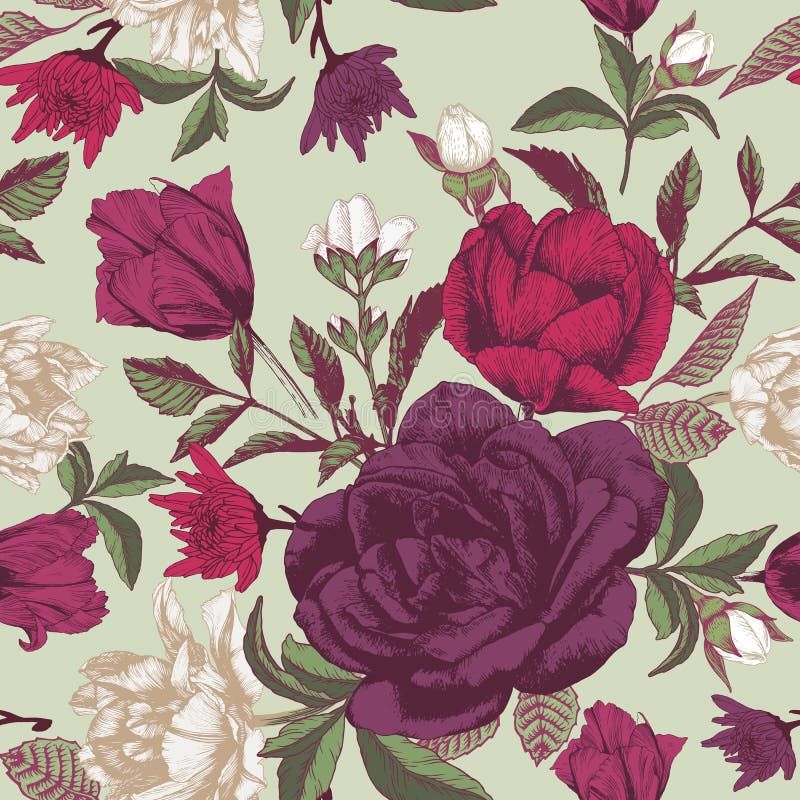 Vector Floral Seamless Pattern with Violet Roses, Purple Tulips and ...