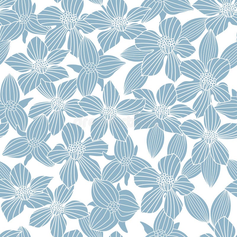 Vector Floral Silhouettes in Blue on White Background Seamless Repeat ...
