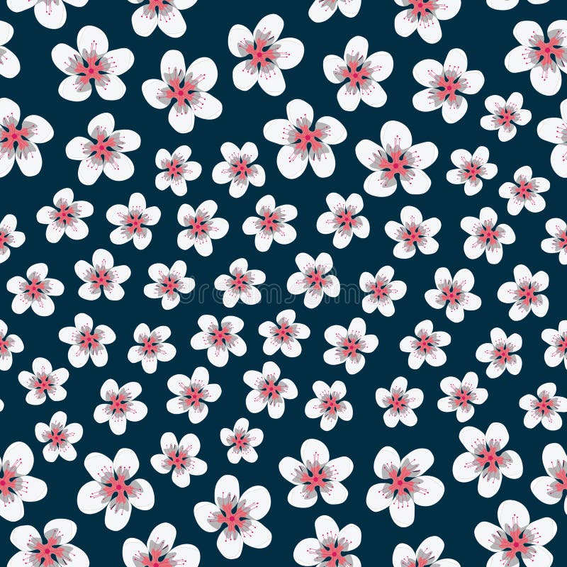 Vector Floral with White Pink Flowers on Navy Blue Seamless Repeat ...