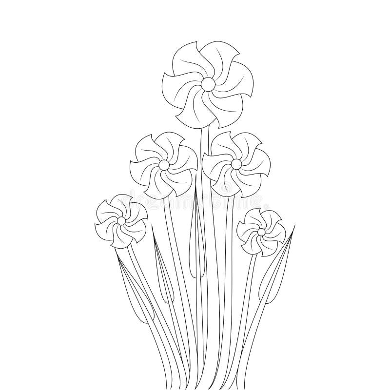 Vector Flower Design with Stroke Black Line Art Blooming Flourish Hand ...