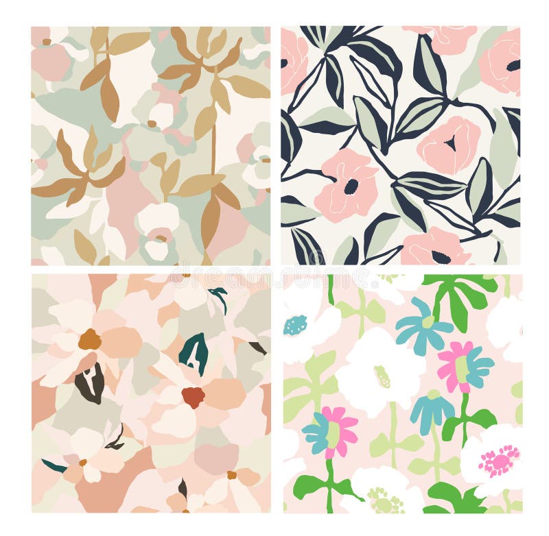 Vector Flower Illustration Seamless Repeat Pattern 4 Designs Set Stock ...