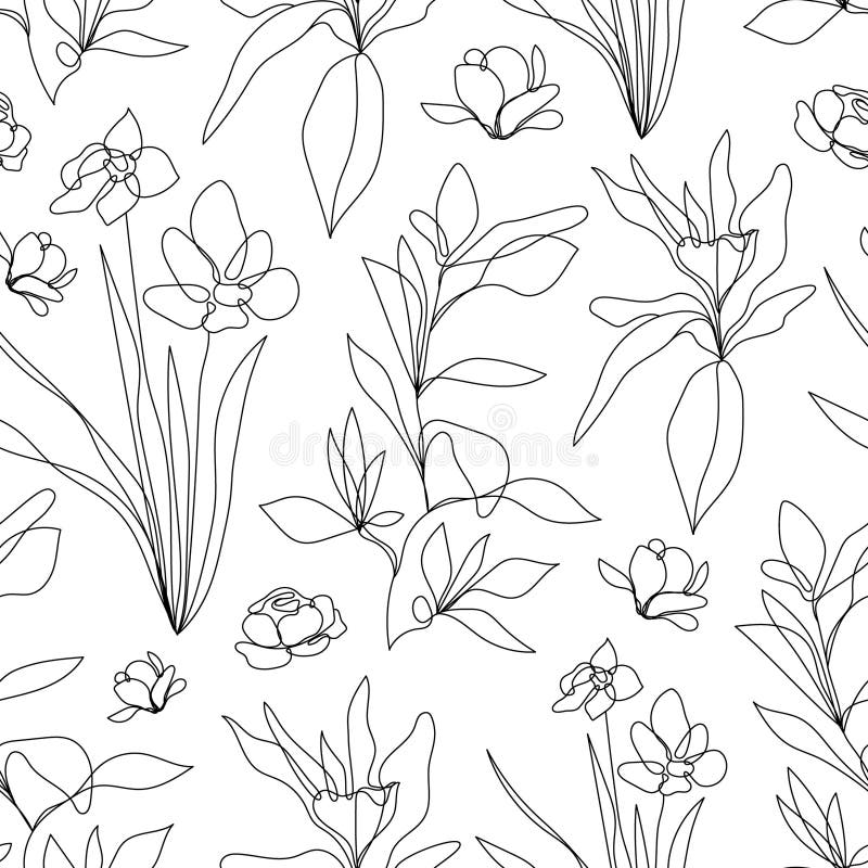 Vector Flower Linear Seamless Background, Daffodils and Leaves. One ...
